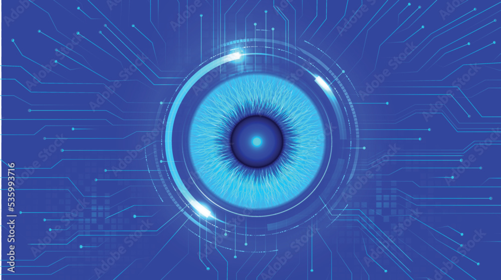 digital technology background in Ai's eyes on blue background Stock ...