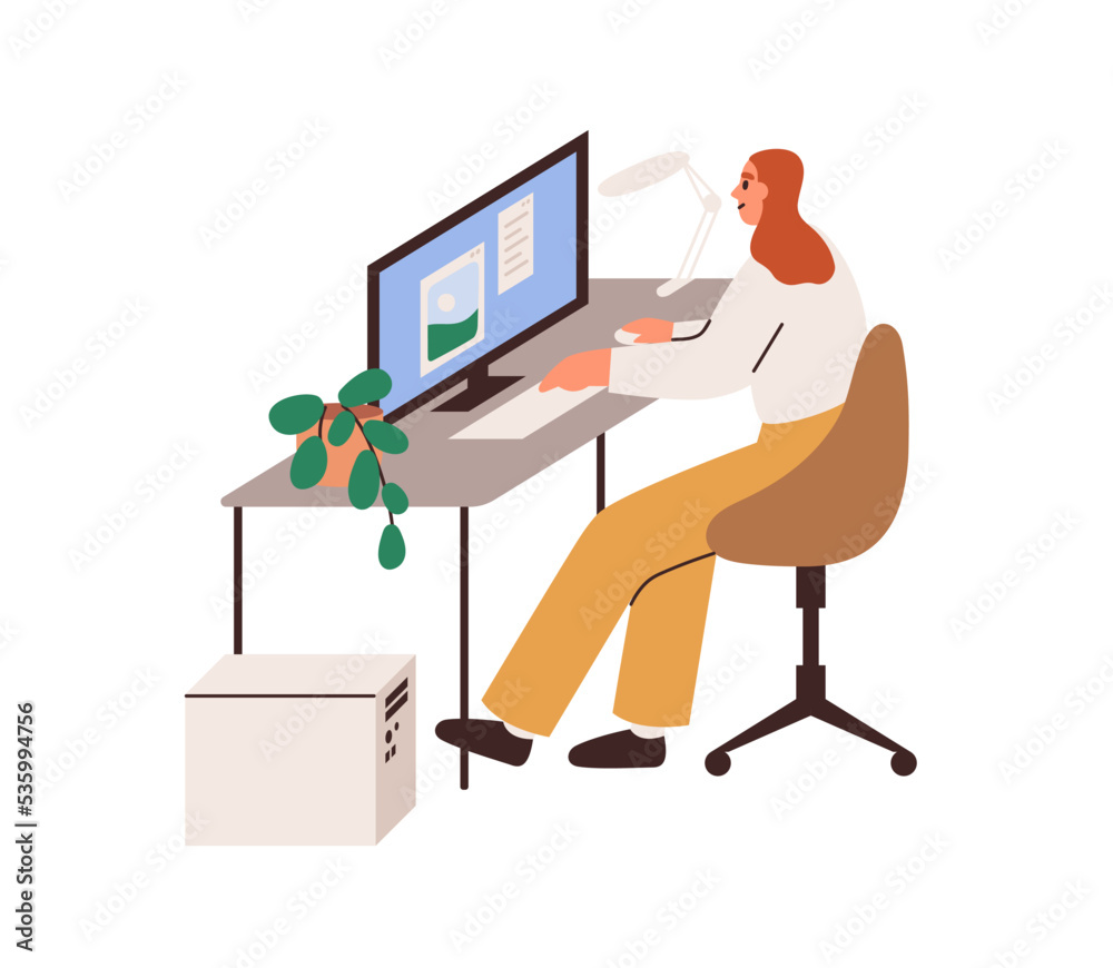 Creative employee at computer desk. Work of designer at workplace ...