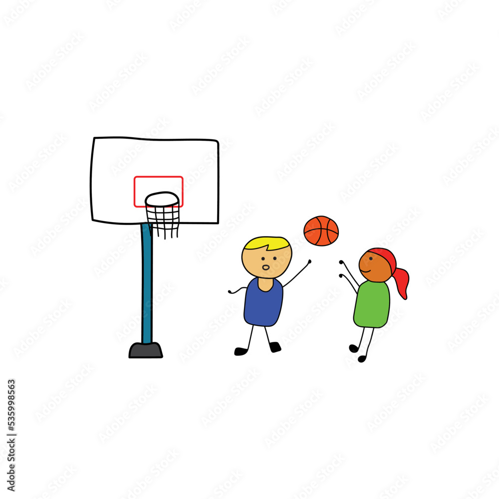 Kids drawing style cute kids playing basketball in a cartoon style ...