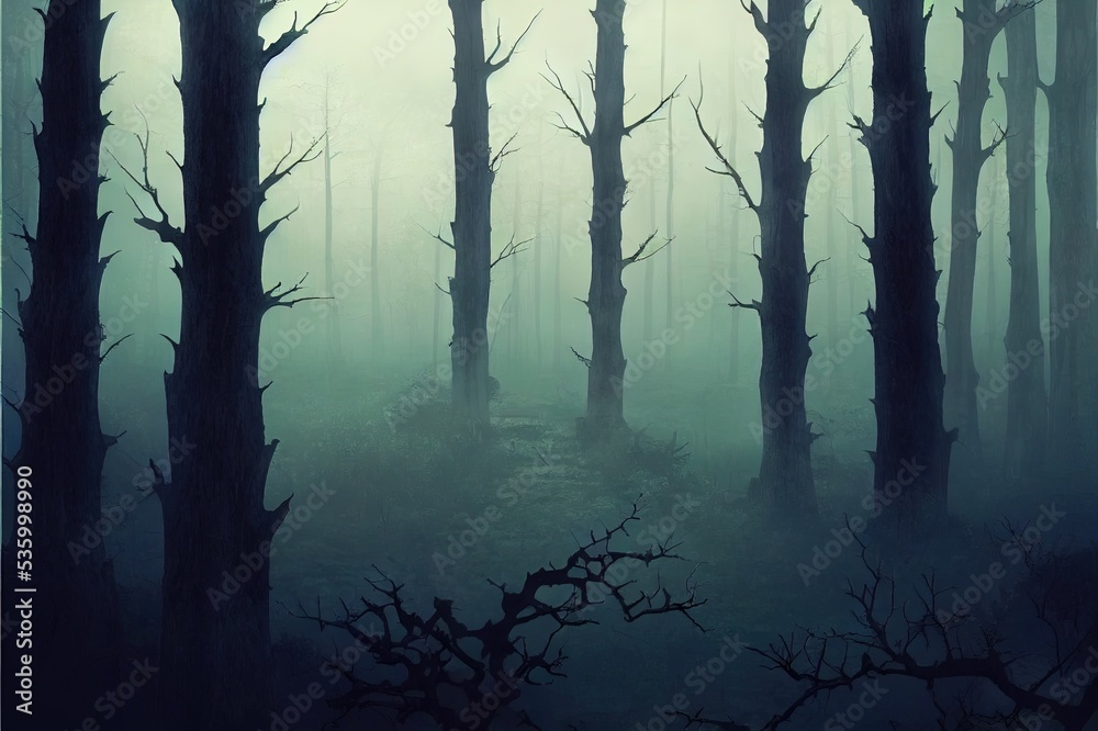 Gloomy, spooky, foggy dark forest landscape. Horror forest background ...