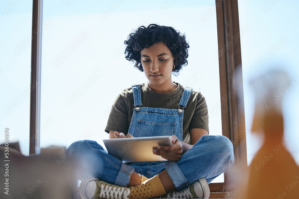 Woman, digital tablet and graphic design in studio for creative art ...