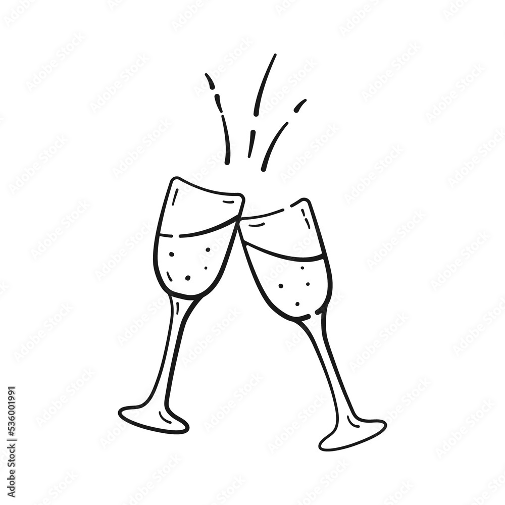 Glasses of champagne in doodle style. Two glasses with champagne and ...
