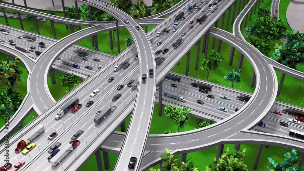 Highway intersection/ road interchange middle in the city with heavy ...