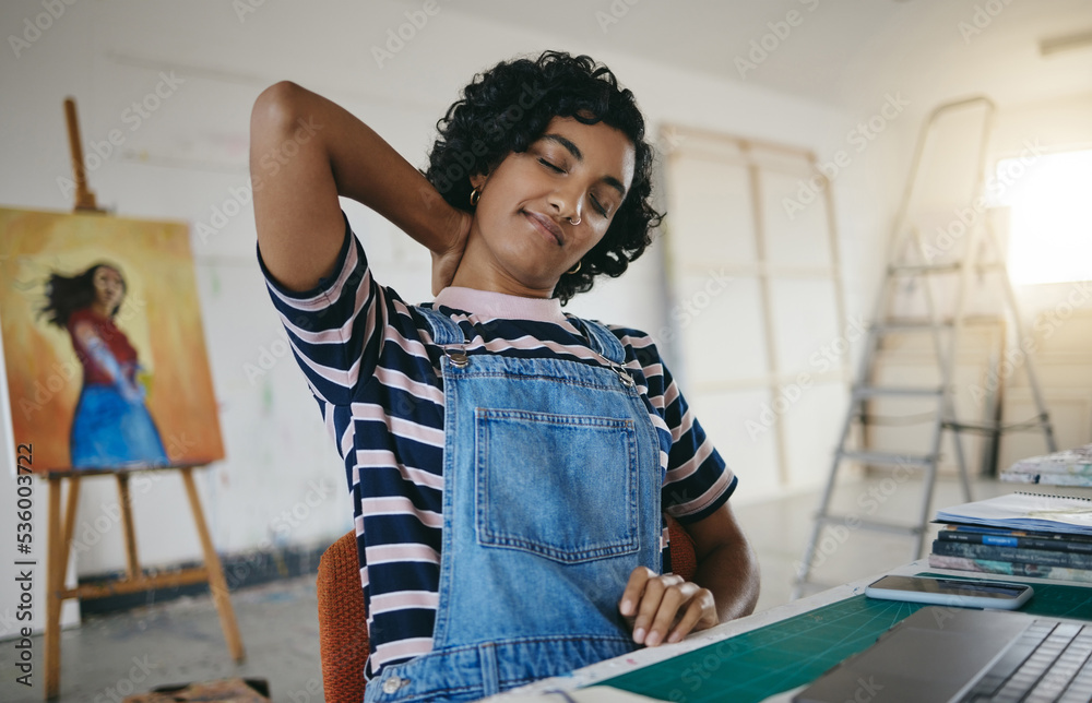 Woman artist, painter and overworked in studio with neck pain, thinking ...