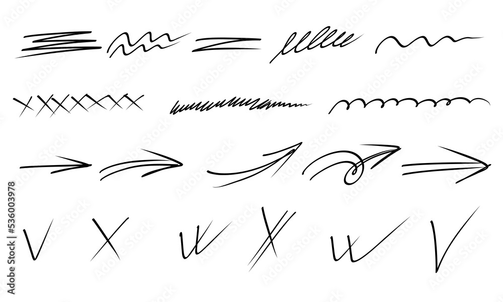 Sketch marker arrows set, hand drawn lines, emphasis, waves. Hand drawn ...