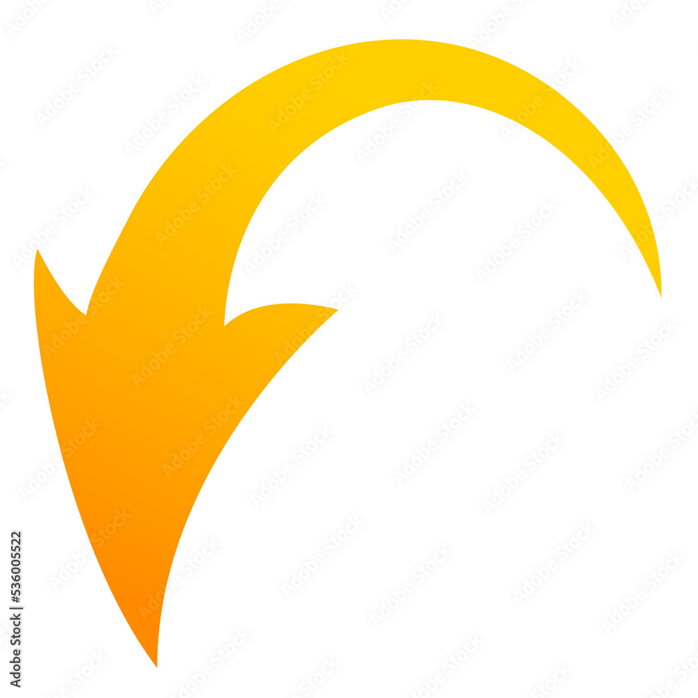 Sharp curved yellow arrow icon. Arrow illustration pointing down ...