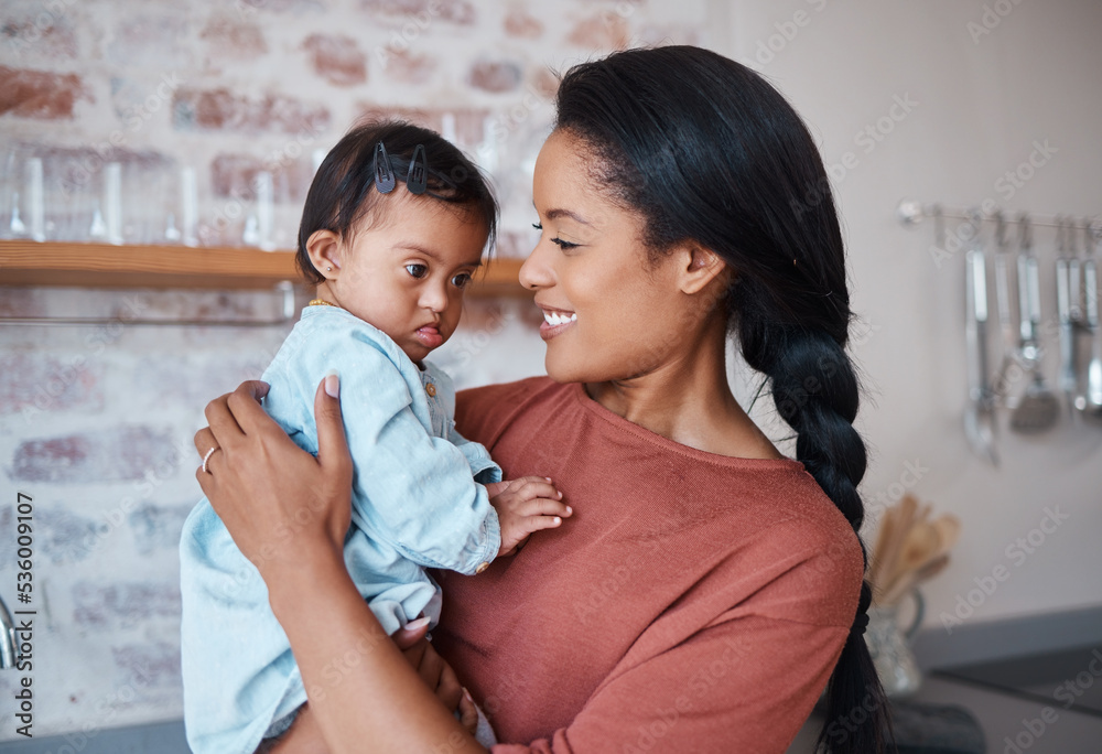 Disability baby and mother holding down syndrome child with love and ...