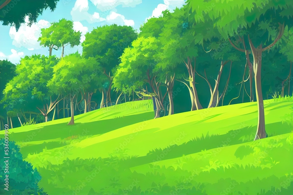 Spring forest glade with green grass. Scene of jungle, garden or ...