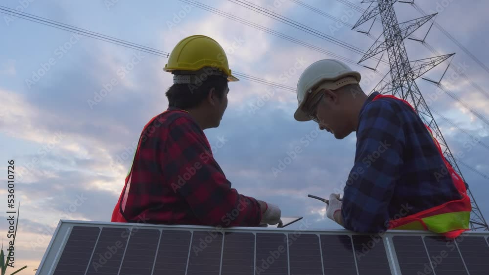 Teamwork engineering in standard safety uniform solar panel inspect the ...