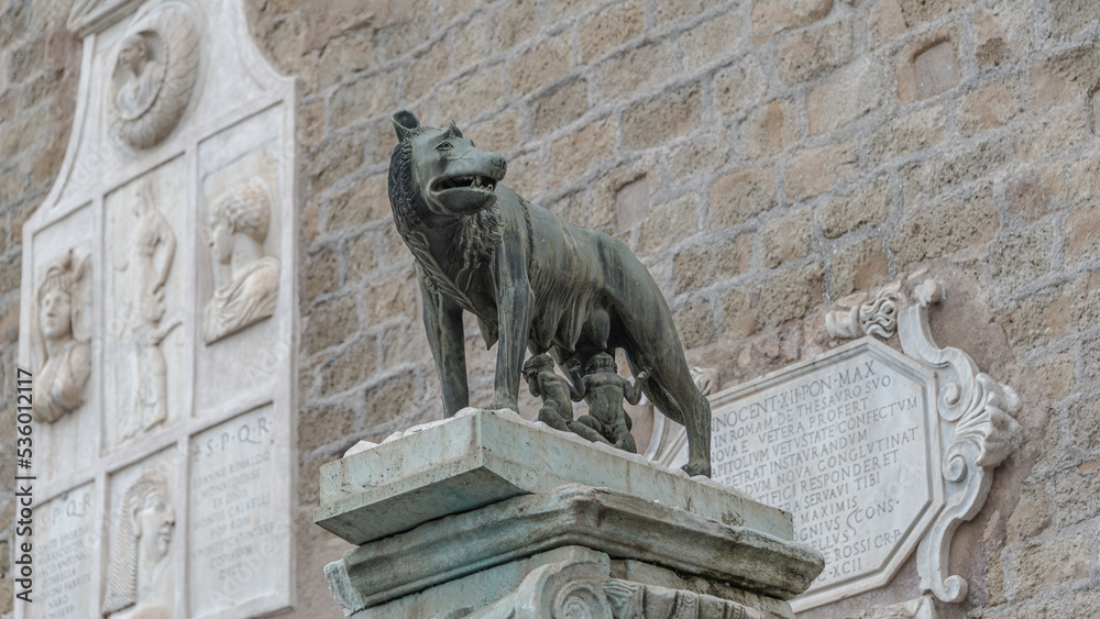 Ancient monument of a mother wolf feeding enfants, Romulus and Remus at ...