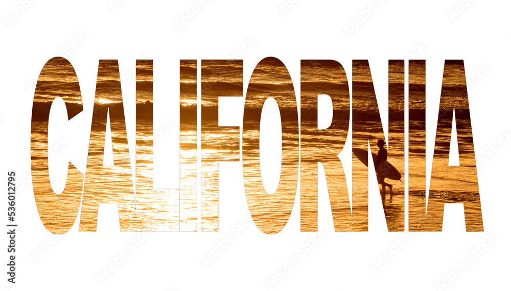 Word California with a surfer at sunset on a beach isolated on ...
