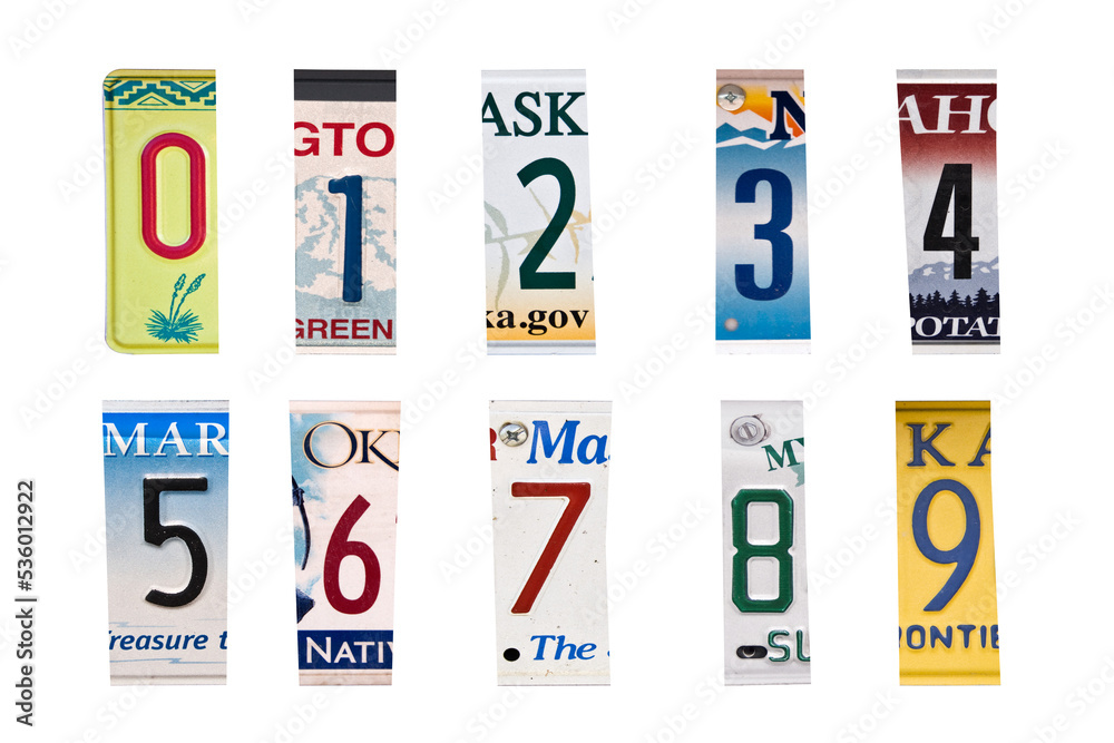 Numbers set created with broken pieces of vintage car license plates ...