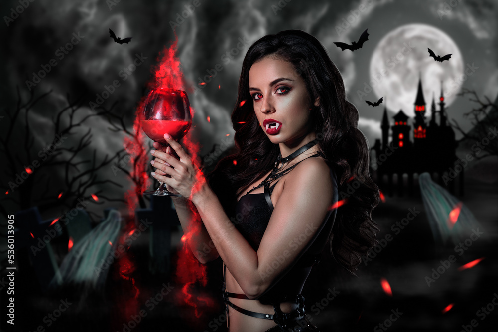 Creative 3d pinup pop collage artwork poster sketch of woman vampire ...