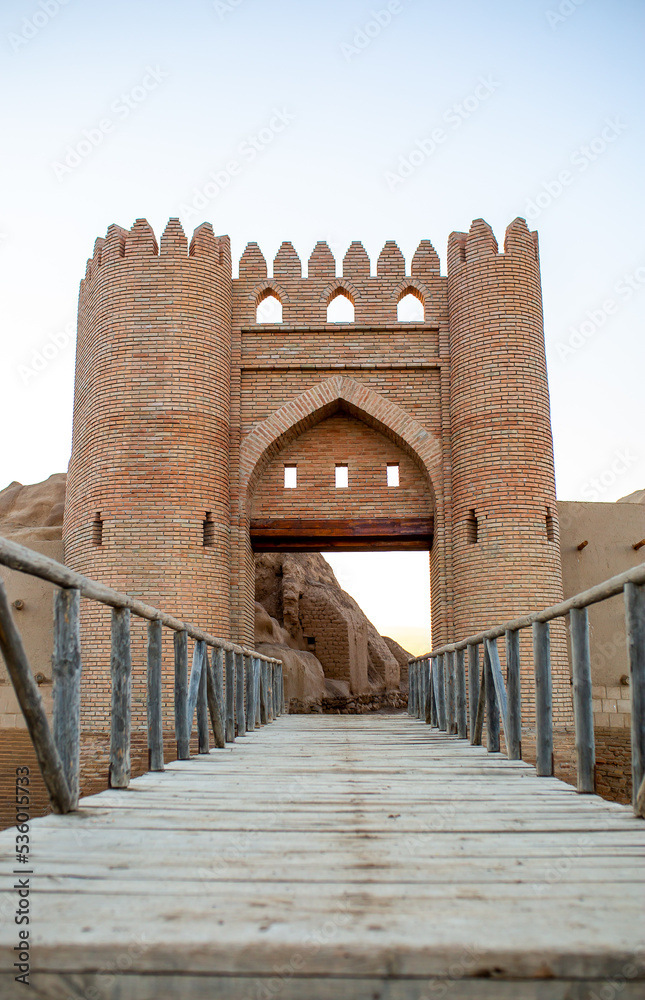 Entrance to the ancient settlement of Sauran, a bridge and a fortress ...