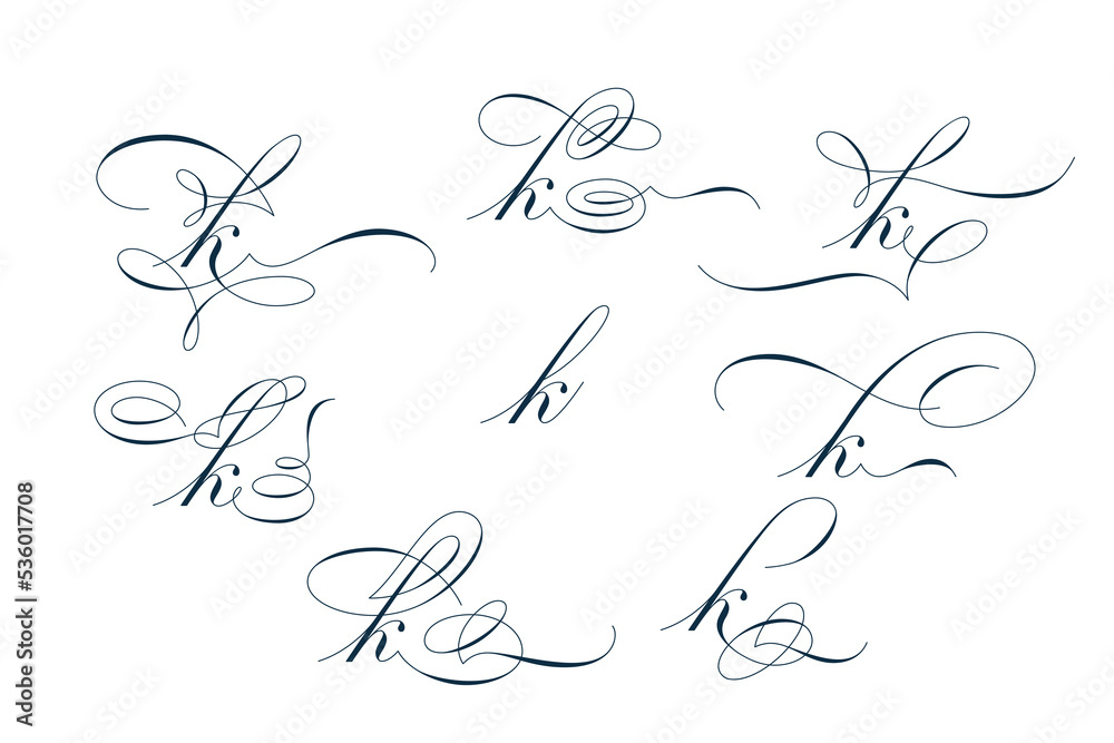 Set of beautiful calligraphic flourishes on letter k isolated on white ...
