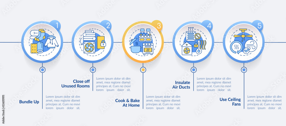 Saving heat energy bills in winter circle infographic template. Data ...