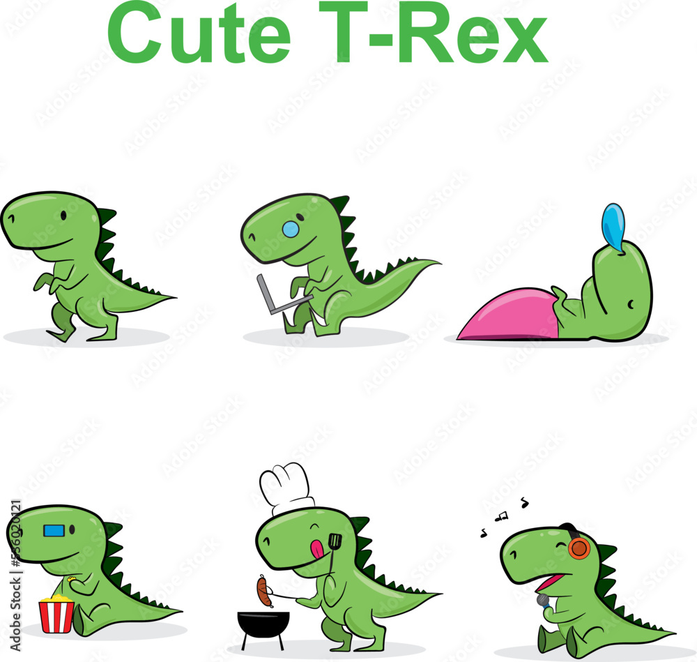 six cute dinosaur t-rex poses vector drawing illustration Stock Vector ...