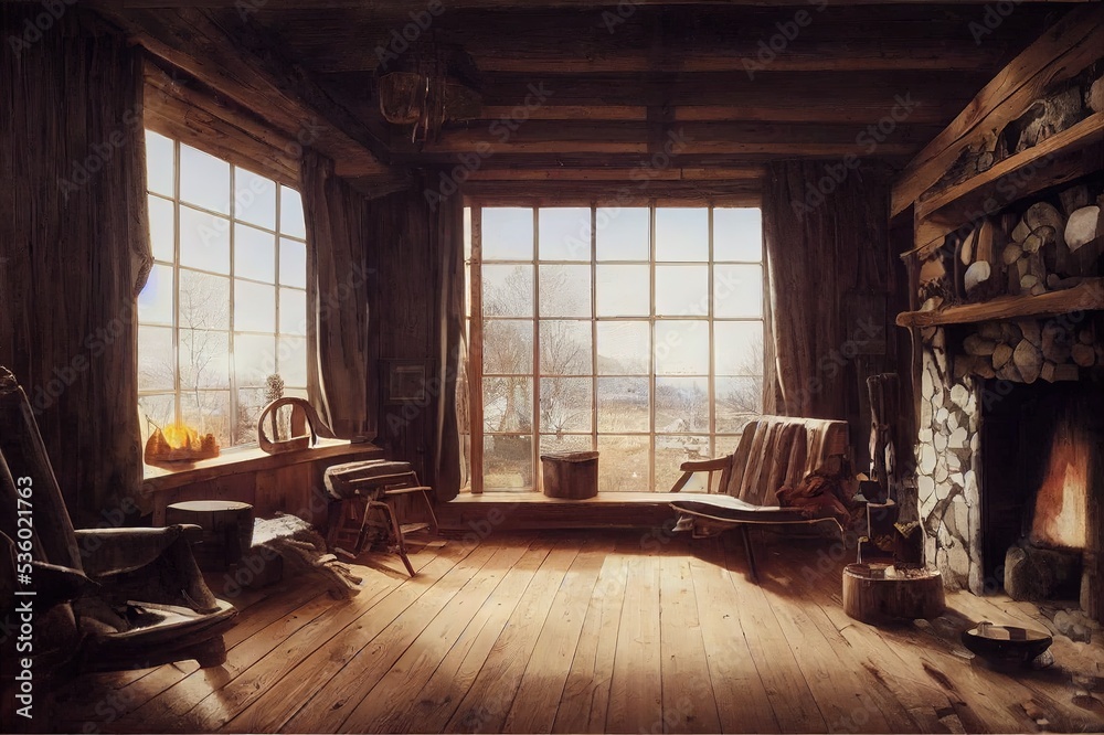 cozy warm home interior of a chic country chalet with a huge panoramic ...