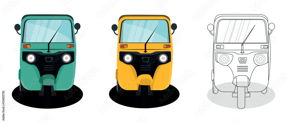 Poster Set of yellow and green auto rickshaw front view illustrations ...