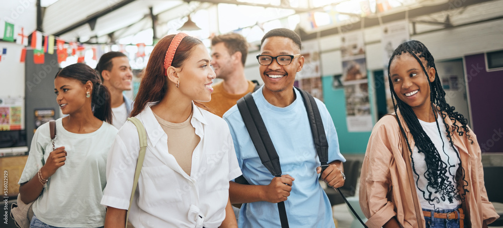 University, international and scholarship students talking of study ...