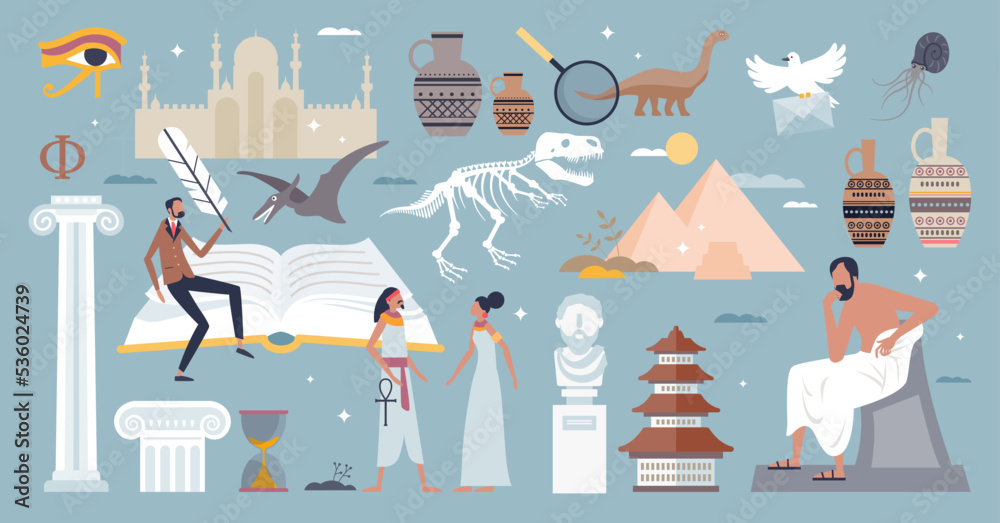 History set with ancient elements and culture symbols tiny person ...