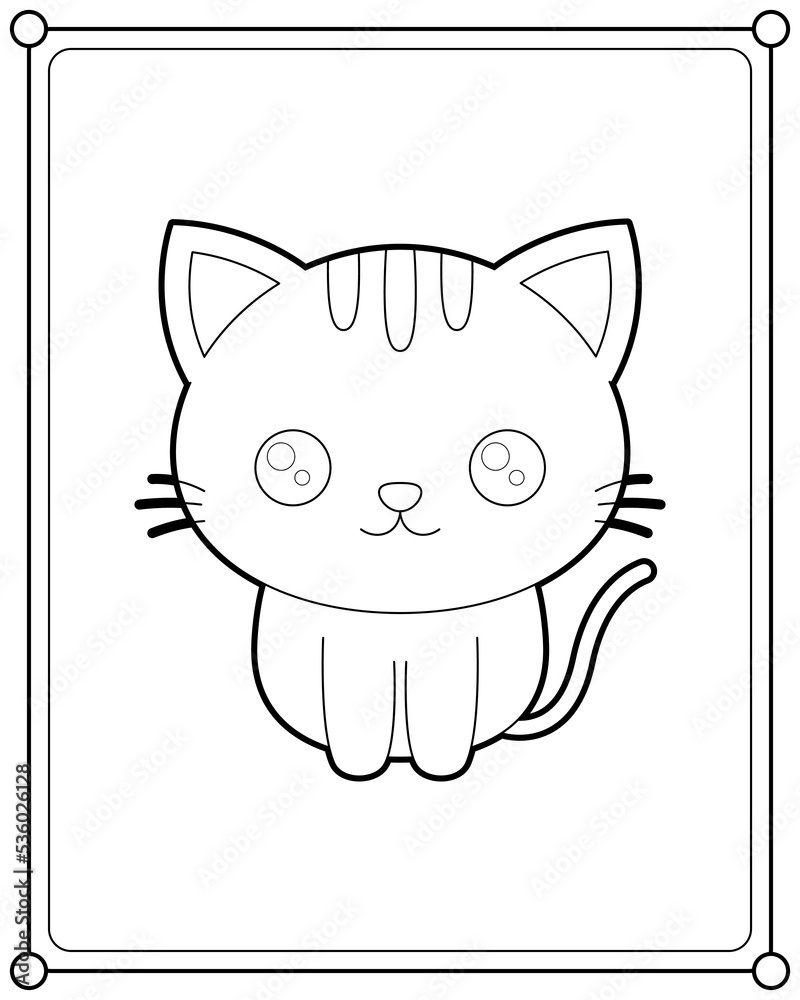 Kawaii cat suitable for children's coloring page vector illustration ...