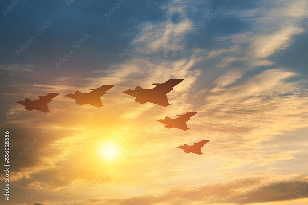 Air Force Day. Aircraft silhouettes on background of sunset or sunrise ...
