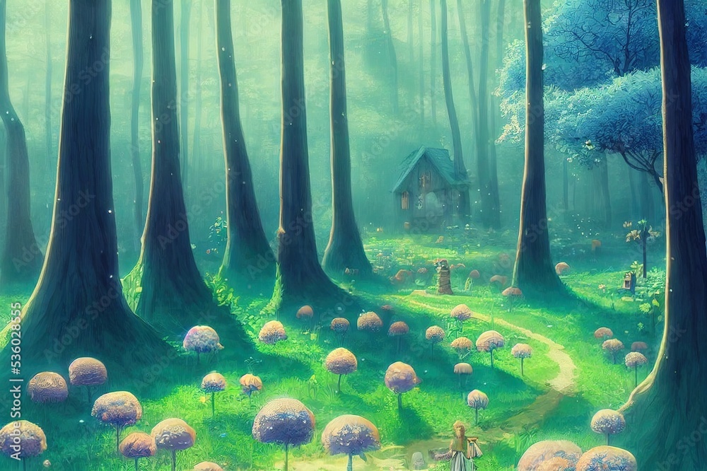Stockillustratie Tiny cute fairy cottages in a magical forest with blue ...