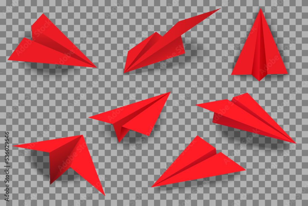 Realistic red paper plane and origami red airplane icon set. 3D model ...