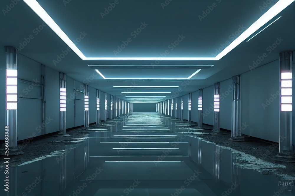 Modern empty futuristic room in neon cyberpunk style. Realistic ...