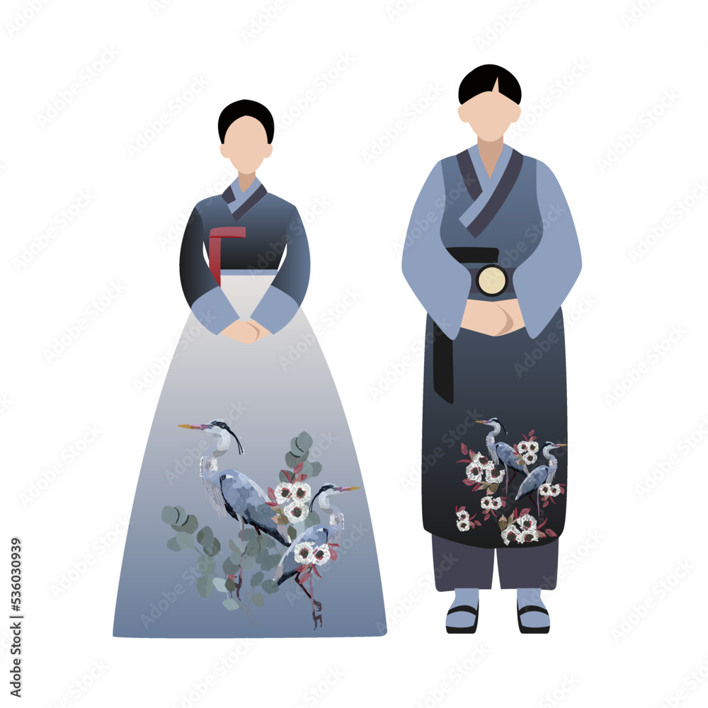 Hanbok. Korean couple wearing traditional costumes. Flat vector cartoon ...