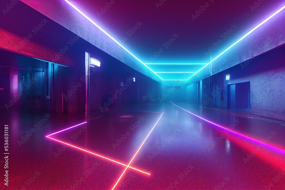 Modern empty futuristic room in neon cyberpunk style. Realistic ...