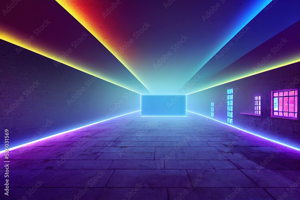 futuristic room in neon cyberpunk style. Realistic cinematic light ...