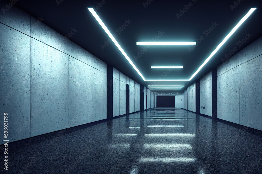 Modern empty futuristic room in neon cyberpunk style. Realistic ...