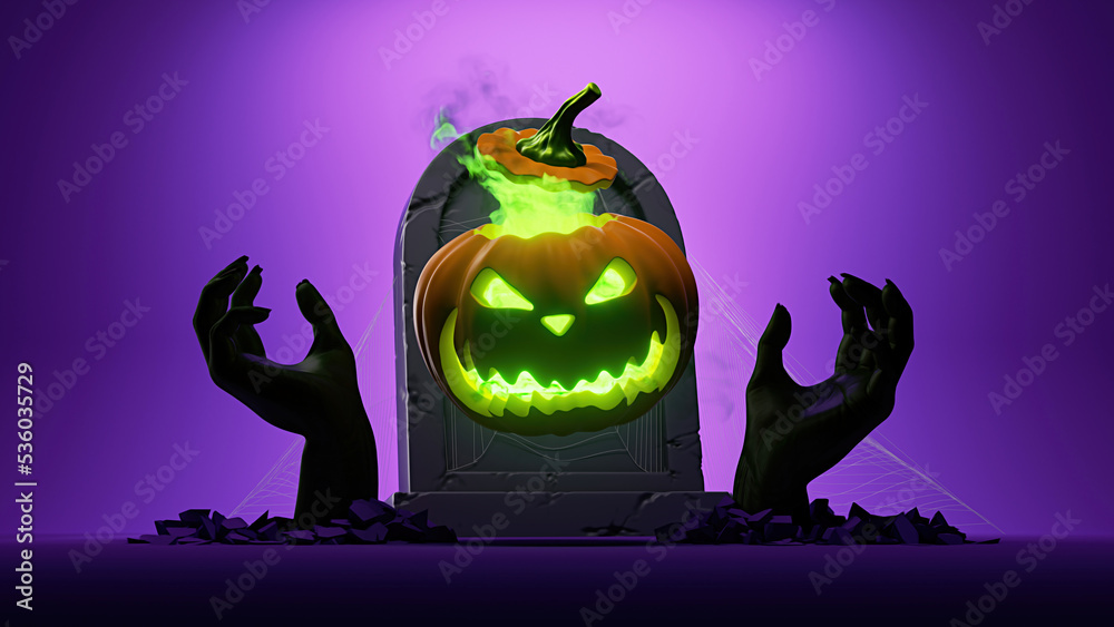 3d render, cursed tomb. Magical pumpkin with angry face and green light ...