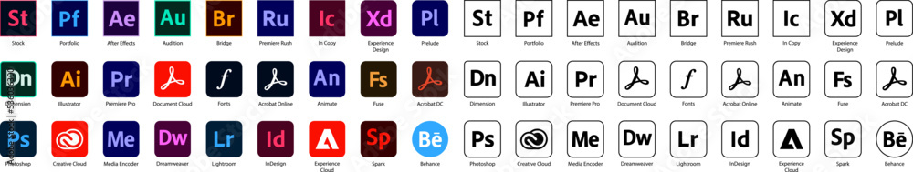 Vetor de Adobe Creative Cloud icon set : Illustrator, Photoshop ...