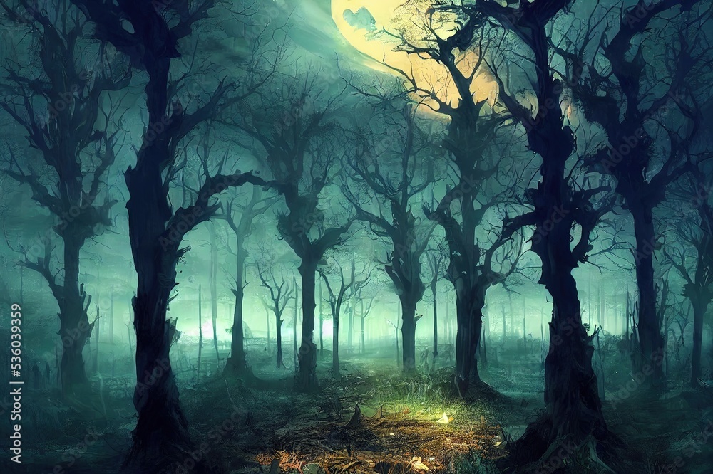 Realistic haunted spooky forest, creepy landscape at night. Fantasy ... Realistic haunted spooky forest, creepy landscape at night. Fantasy ...