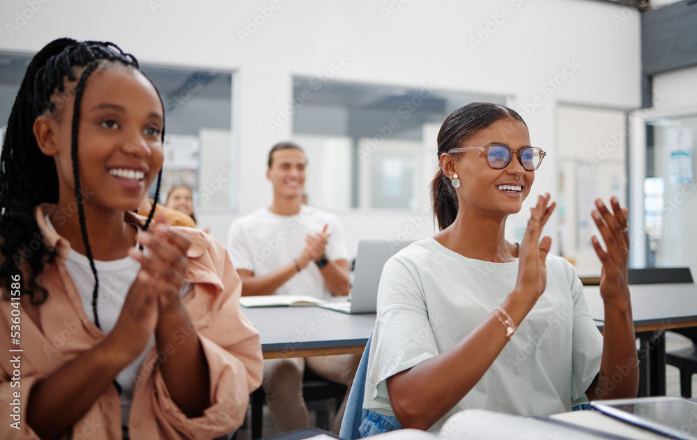 Foto de Education, presentation and students applause in classroom ...