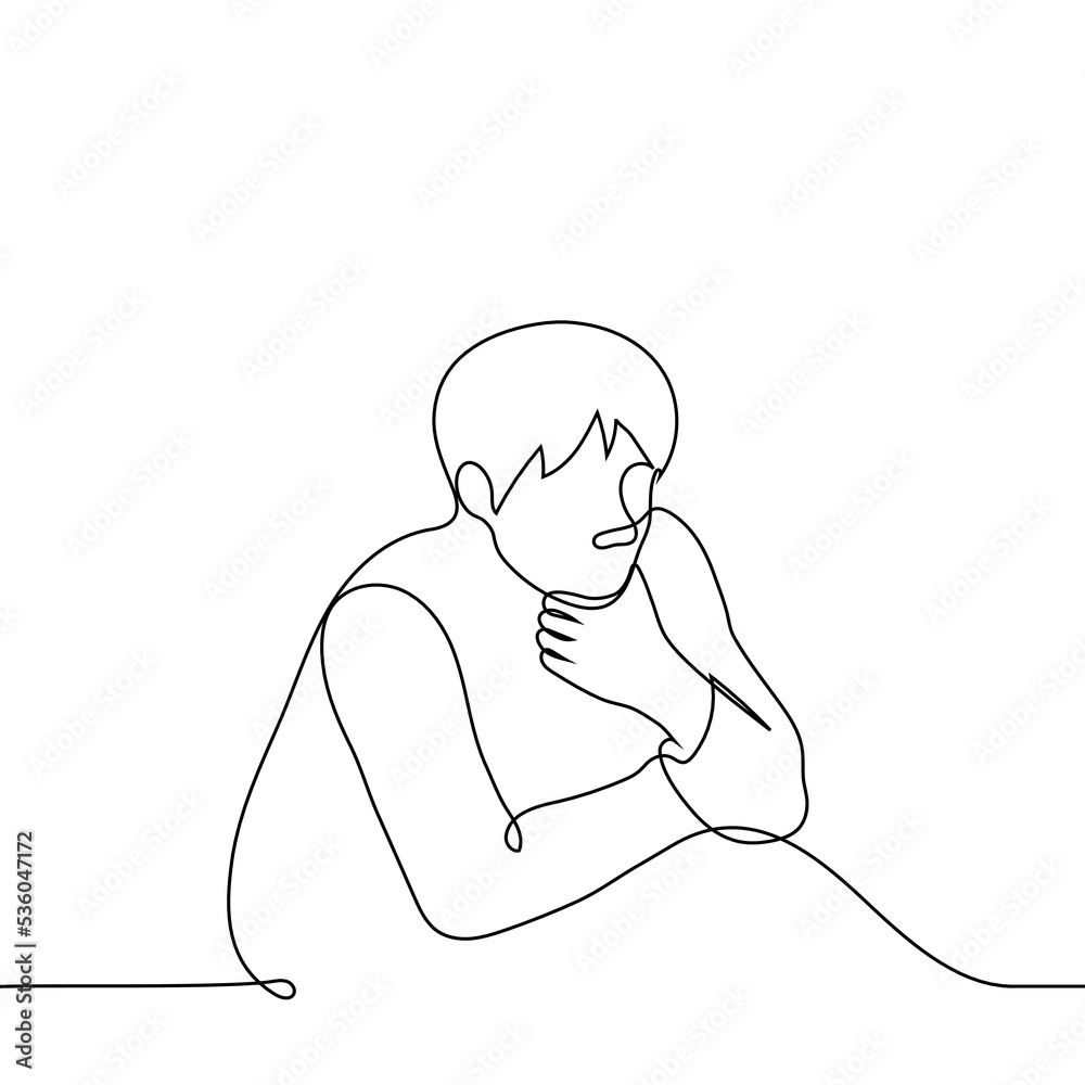 man sits propping his chin with his hand, isometric view - one line ...
