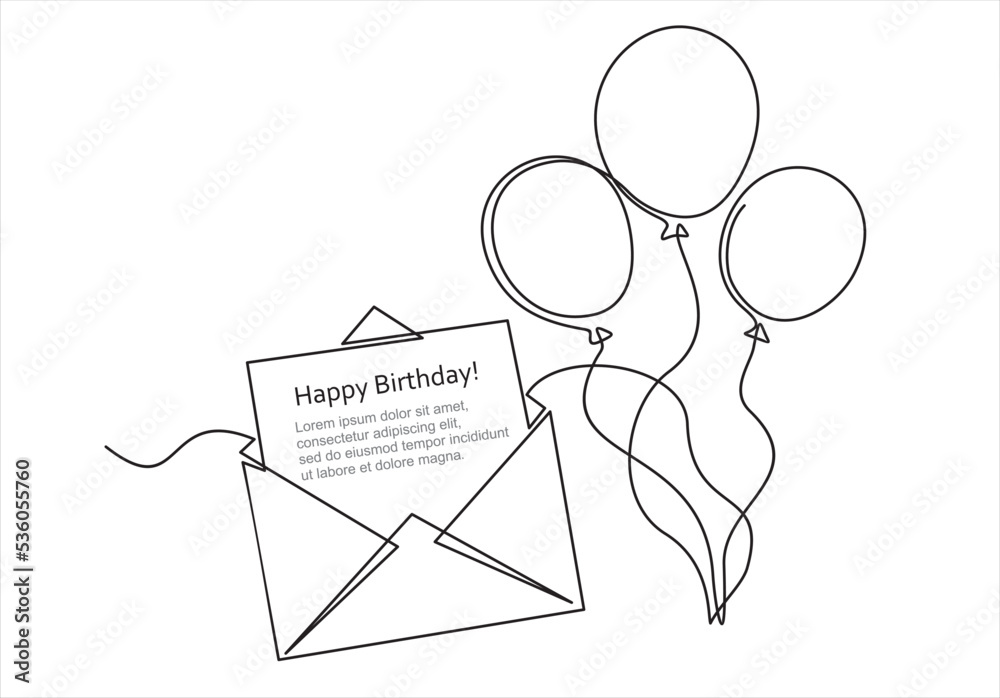 Continuous one line drawing of Envelope with balloons. Birthday ...