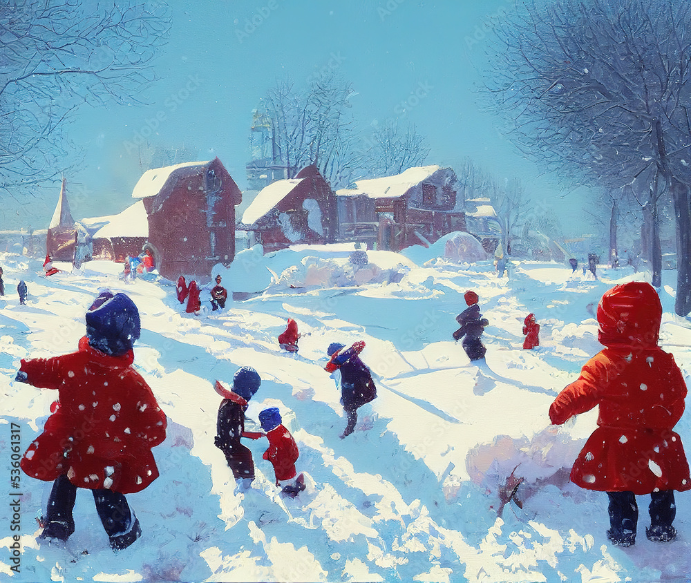 kids playing snowball fight in winter, winter landscape scene Stock ...
