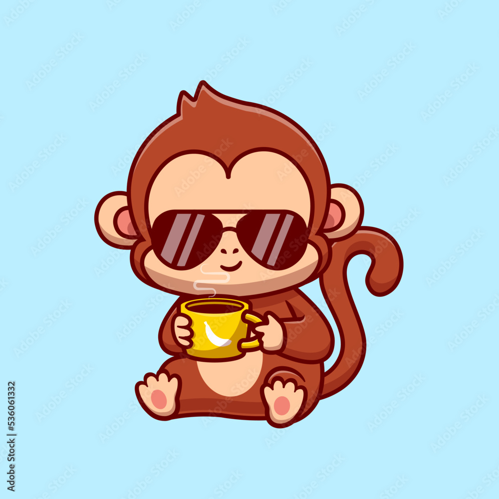Cute Cool Monkey Drink Coffee Cartoon Vector Icon Illustration. Animal ...