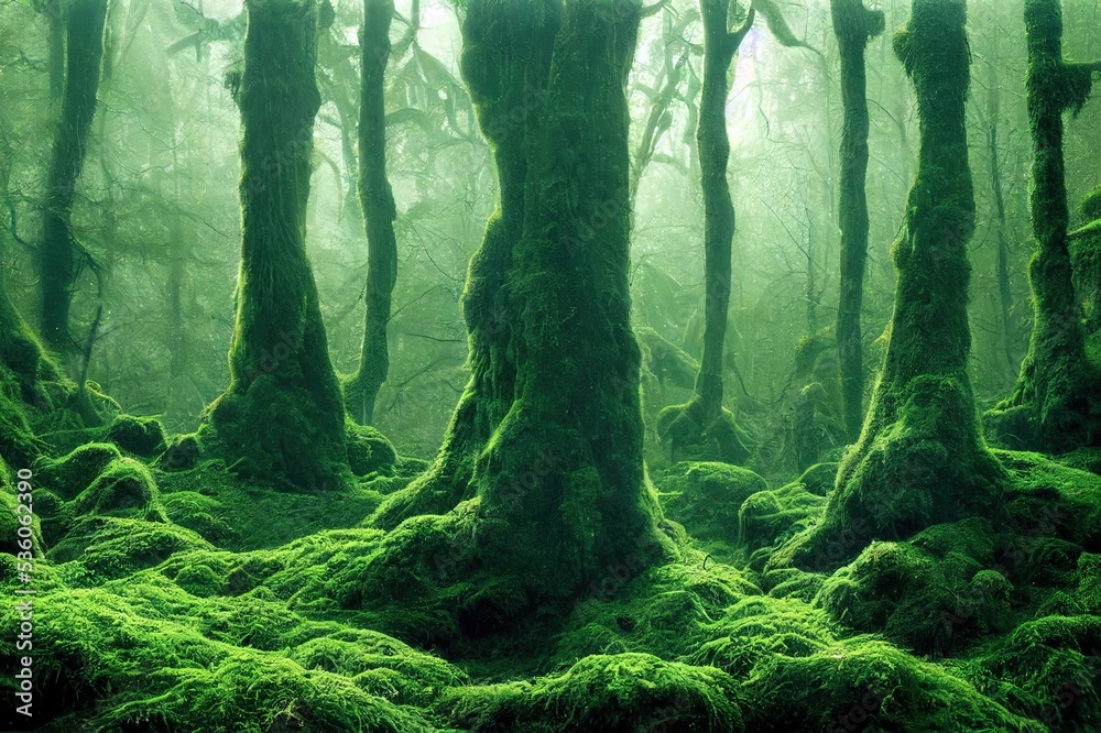Mossy forest scene. In a deep forest covered with moss. Mossy forest ...