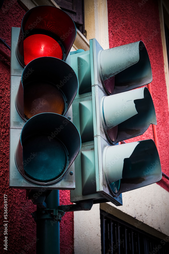 Red stop light on traffic light on street corner Stock Photo | Adobe Stock