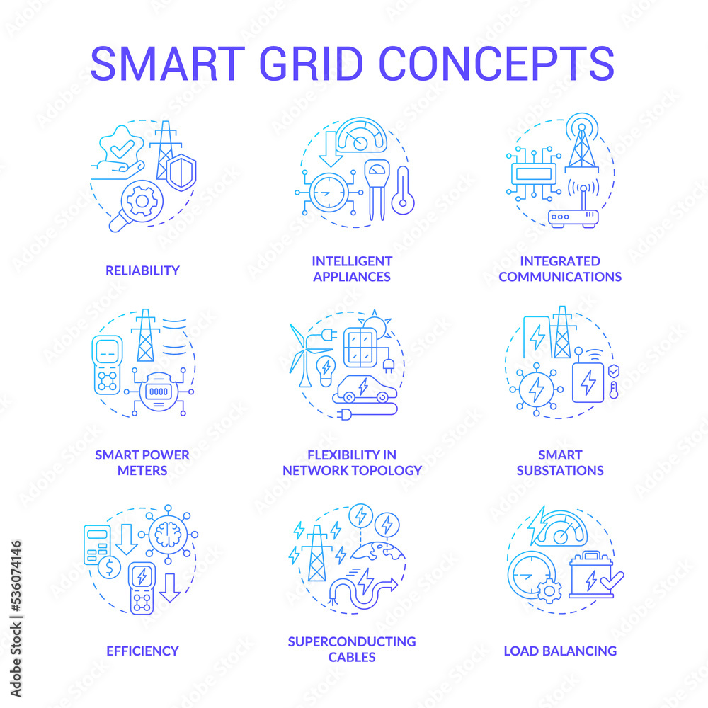 Smart grid blue gradient concept icons set. Contemporary engineering ...