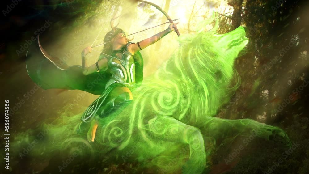 A beautiful female archer in a sunny forest, riding a green magical ...