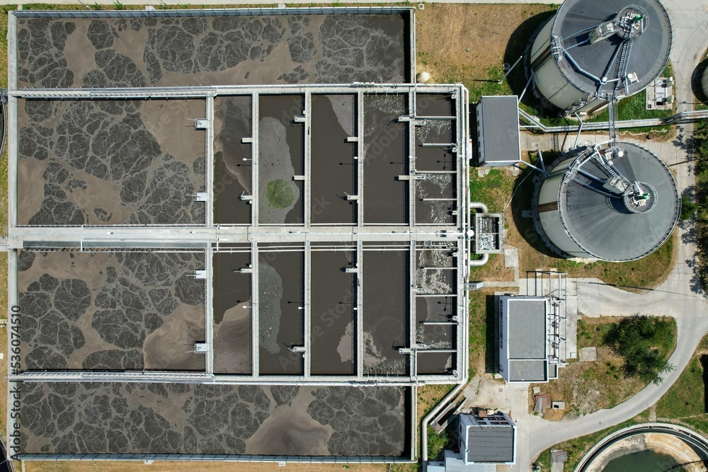 Aerial view of aeration tanks or activated sludge units, part of a ...
