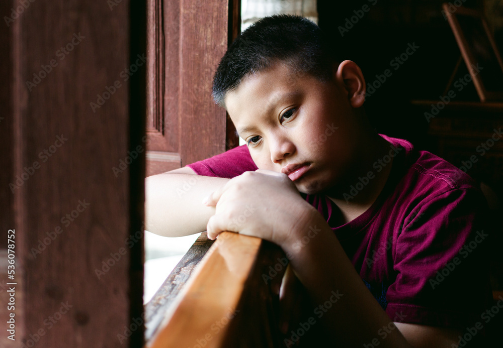 Portrait of a little Asian boy, Kid sad face, Unhappy child looking out ...