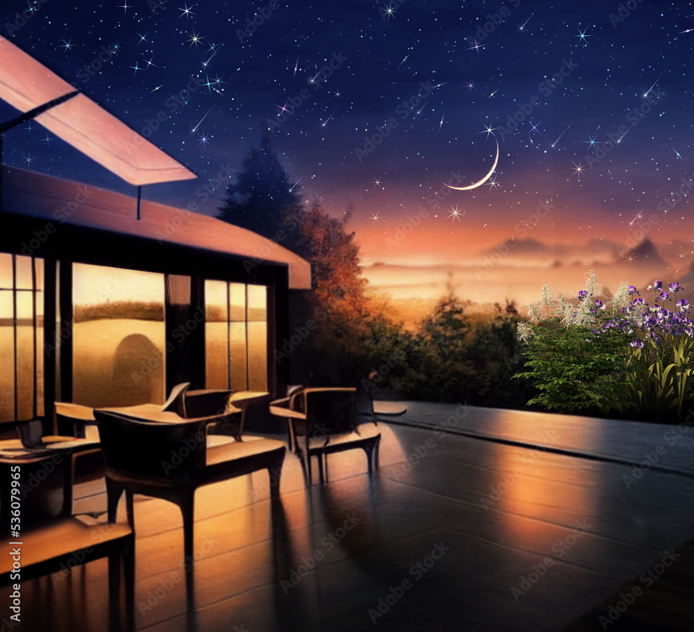 starry night sky moon light resort sunset light reflecrion ,landscape ...