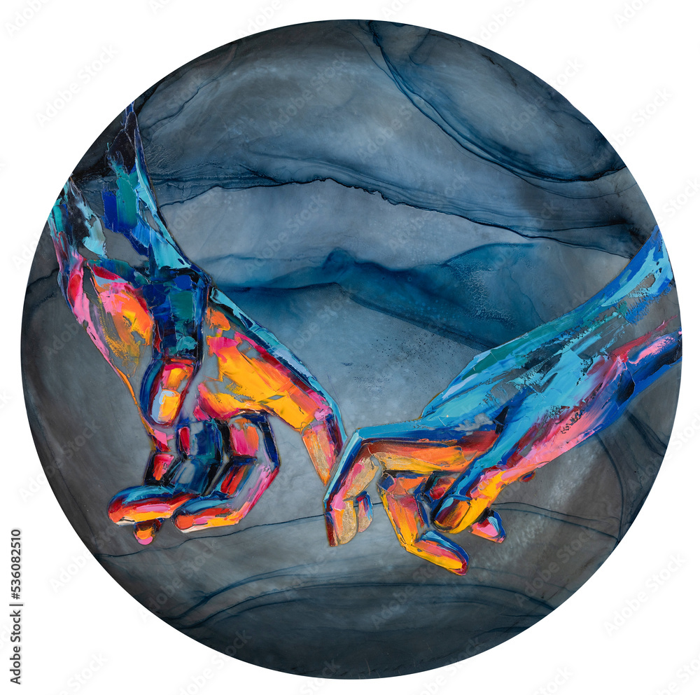 Hands - oil painting. The picture depicts a metaphor for teamwork ...